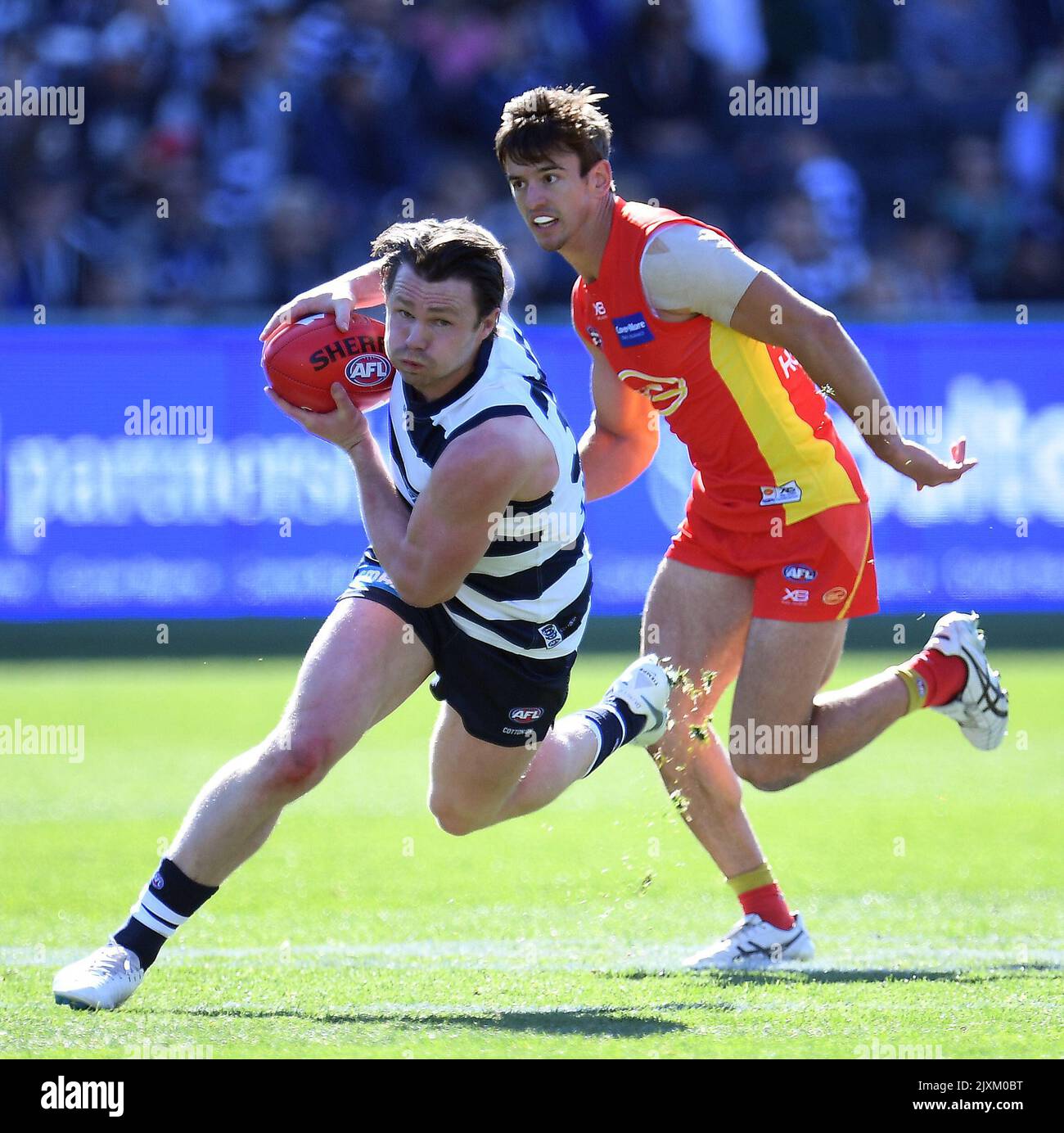 Patrick Dangerfield of the Cats (left) and Jarryd Lyons of the Suns are ...