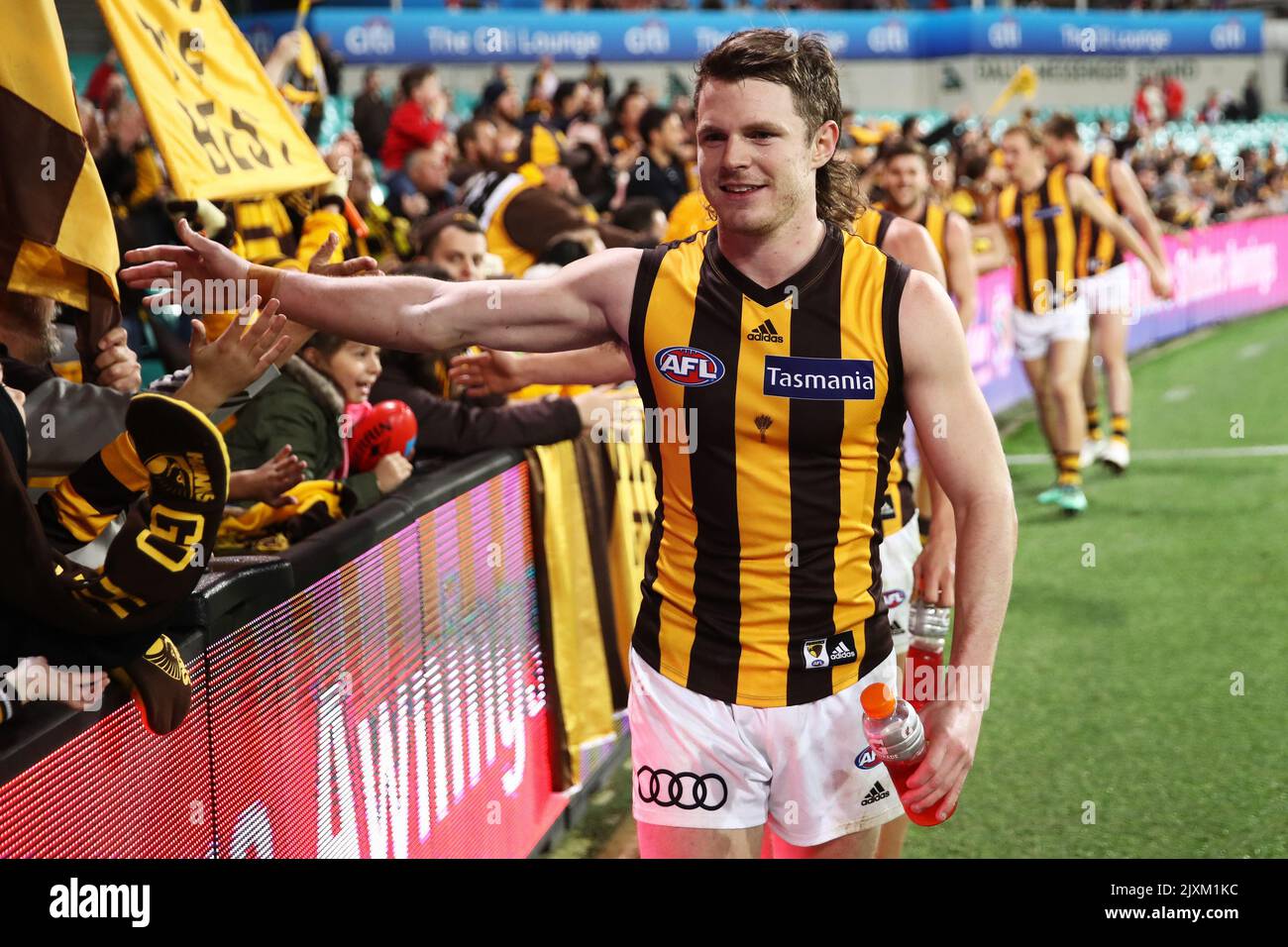 Blake Hardwick of the Hawks celebrates with Hawks fans during the Round ...