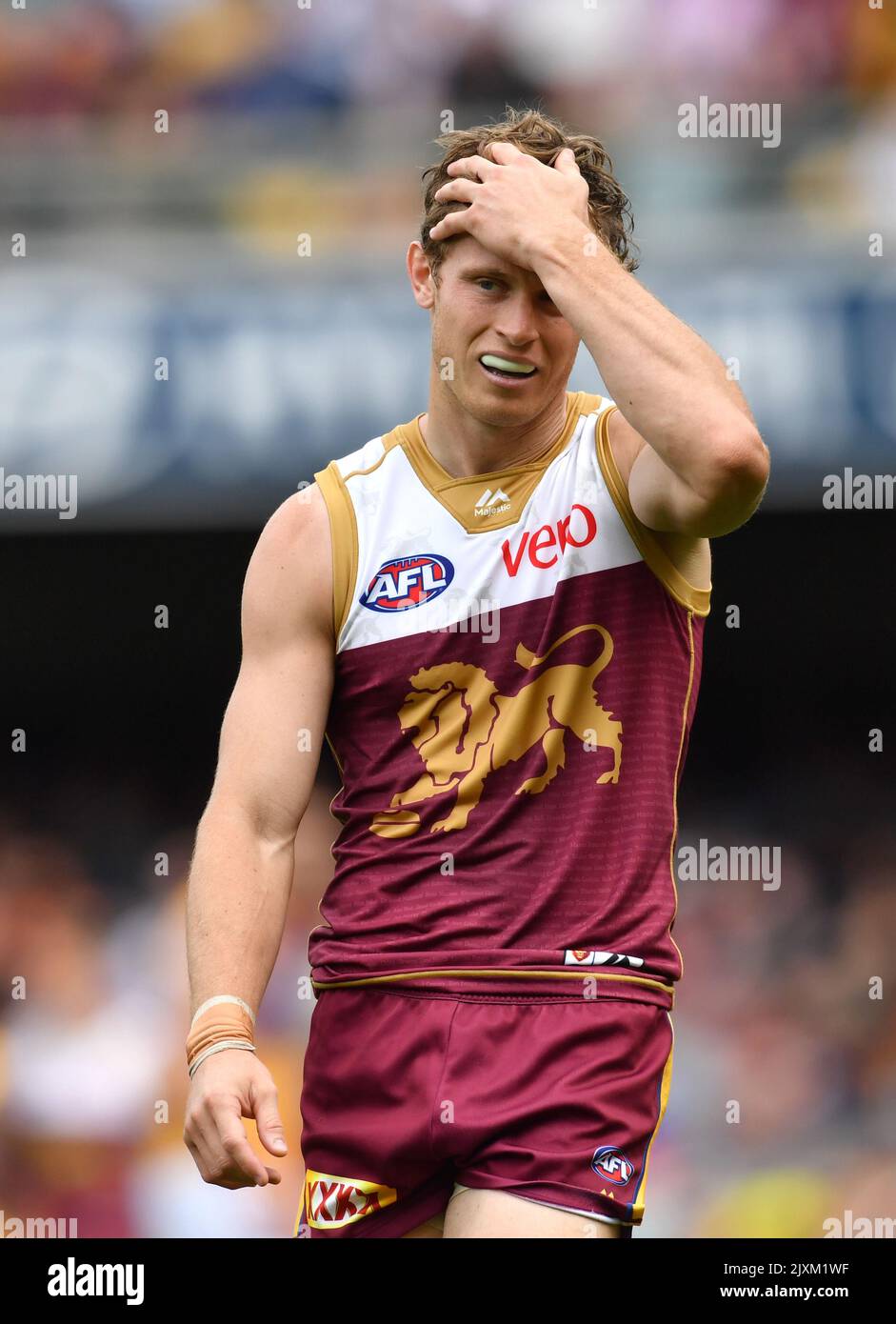 Ryan Lester of the Lions reacts during the Round 23 AFL match between ...