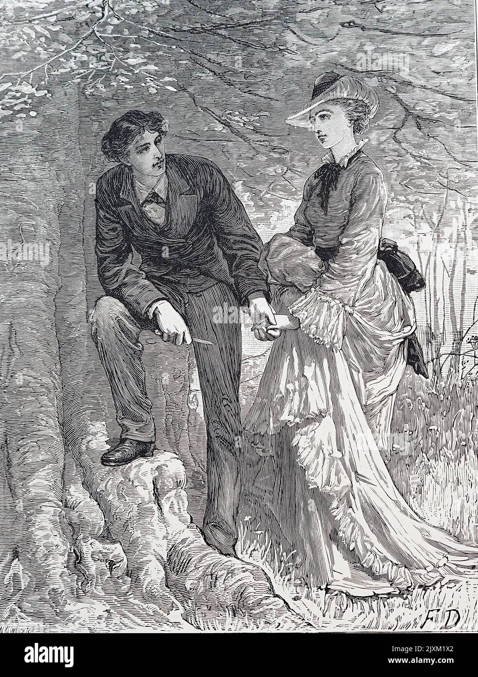 Illustration depicting a young man carving initials on a tree. Dated ...