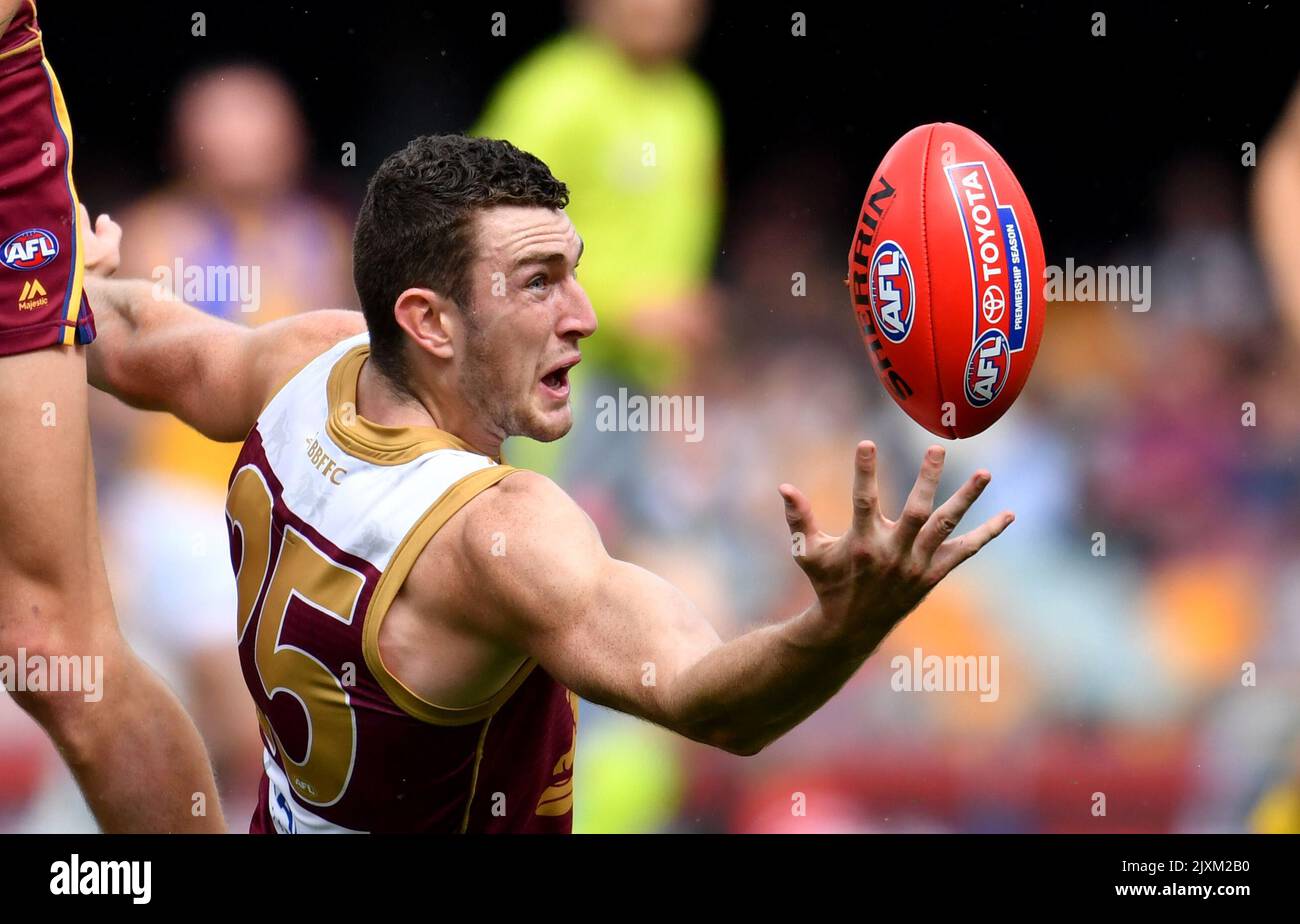 Daniel McStay of the Lions takes a mark during the Round 23 AFL match ...