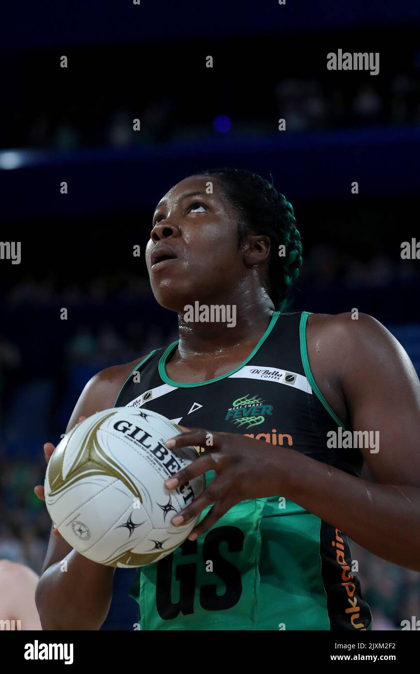 Jhaniele Fowler of the Fever looks to shoot during the Super Netball ...