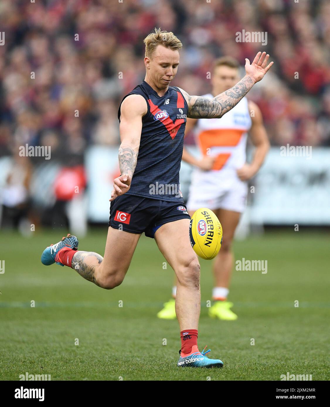 James Harmes of the Demons is seen in action during the Round 23 AFL ...