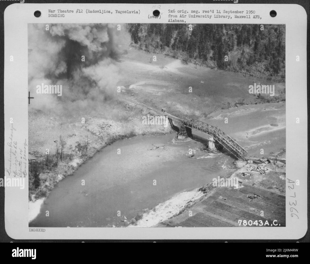 Bomb damage to Radovljica Railroad Bridge, Yugoslavia, by planes of the ...