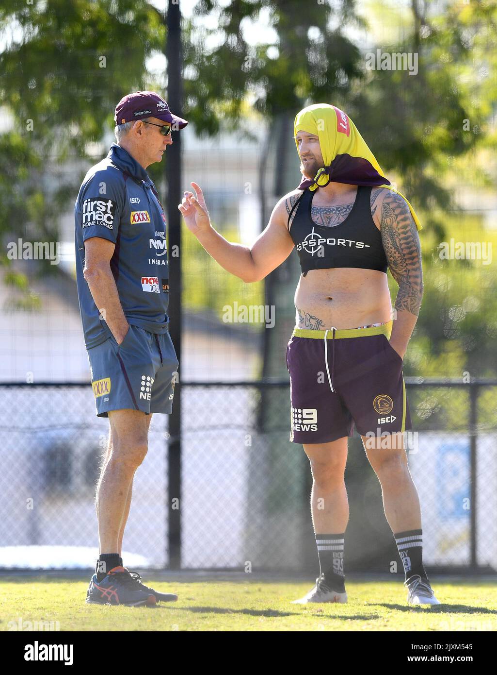 Korbin Sims gestures to coach Wayne Bennett during the Brisbane Broncos ...