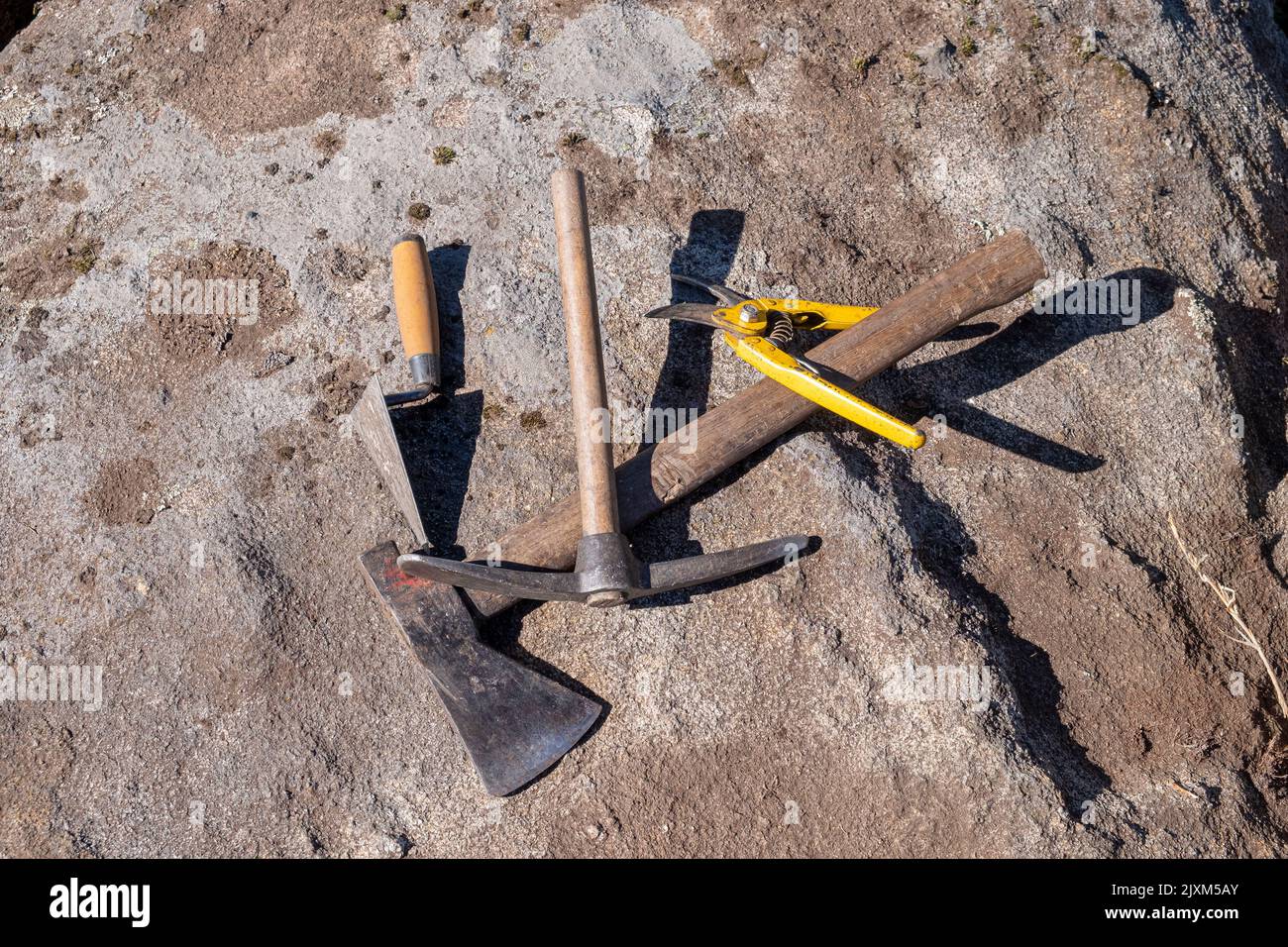 Pickaxe, trowel, pruning shears and axe, tools in an archaeological ...