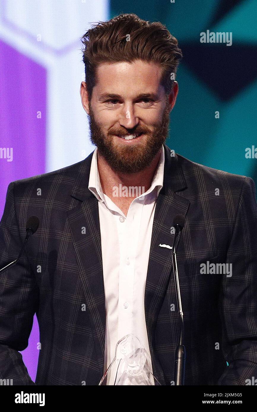 Callan Ward of the Giants speaks after winning the Robert Rose Most ...