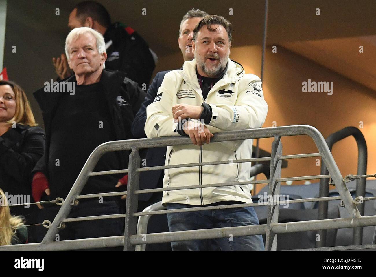 Rabbitohs owner Russell Crowe watches from the stands during the Round ...