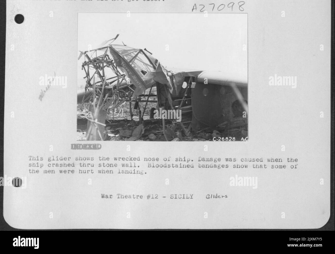 This glider shows the wrecked nose of ship. Damage was caused when the ...