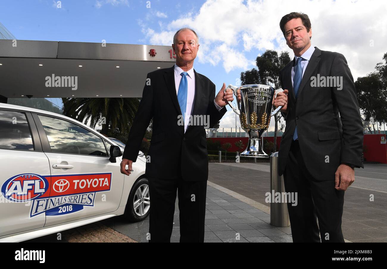 Sean Hanley of Toyota (left) and AFL CEO Gillon McLachlan pose for a ...