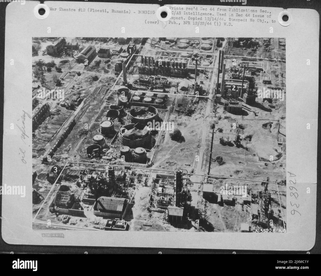 Ploesti, Rumania-Oblique of Romana Americana Oil Refinery. Tall columns ...