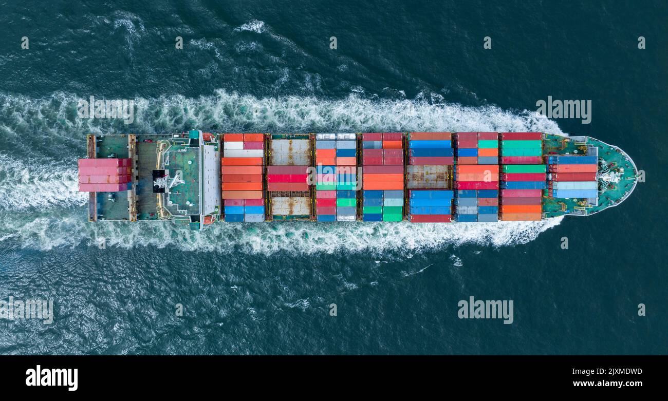 cargo container ship top view carrying container and running for export ...