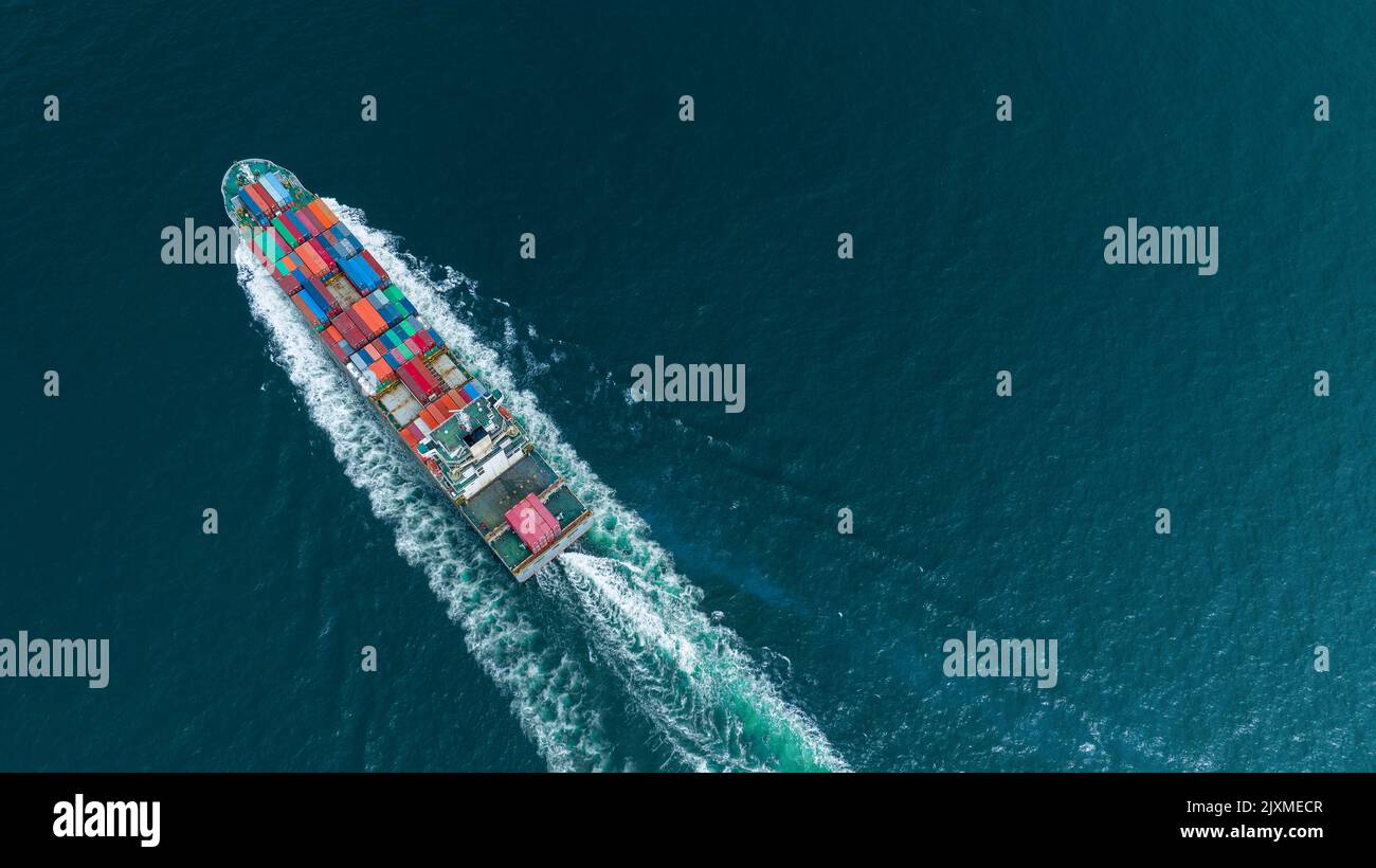 cargo container ship top view carrying container and running for export ...