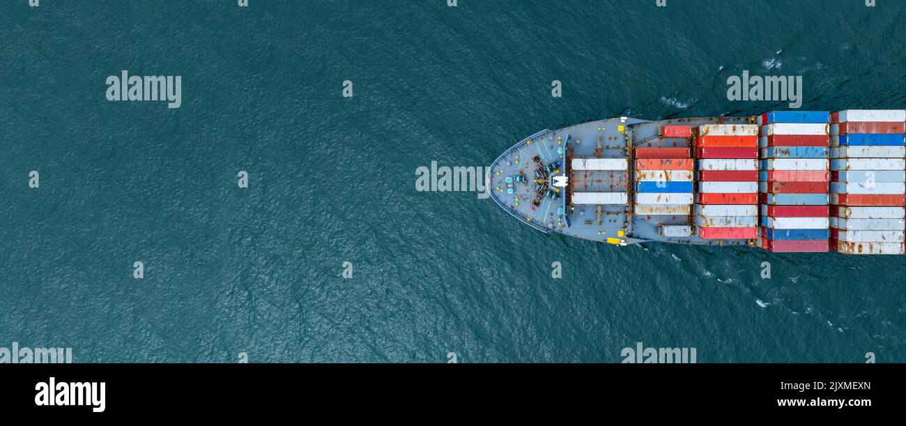 cargo container ship top view carrying container and running for export ...