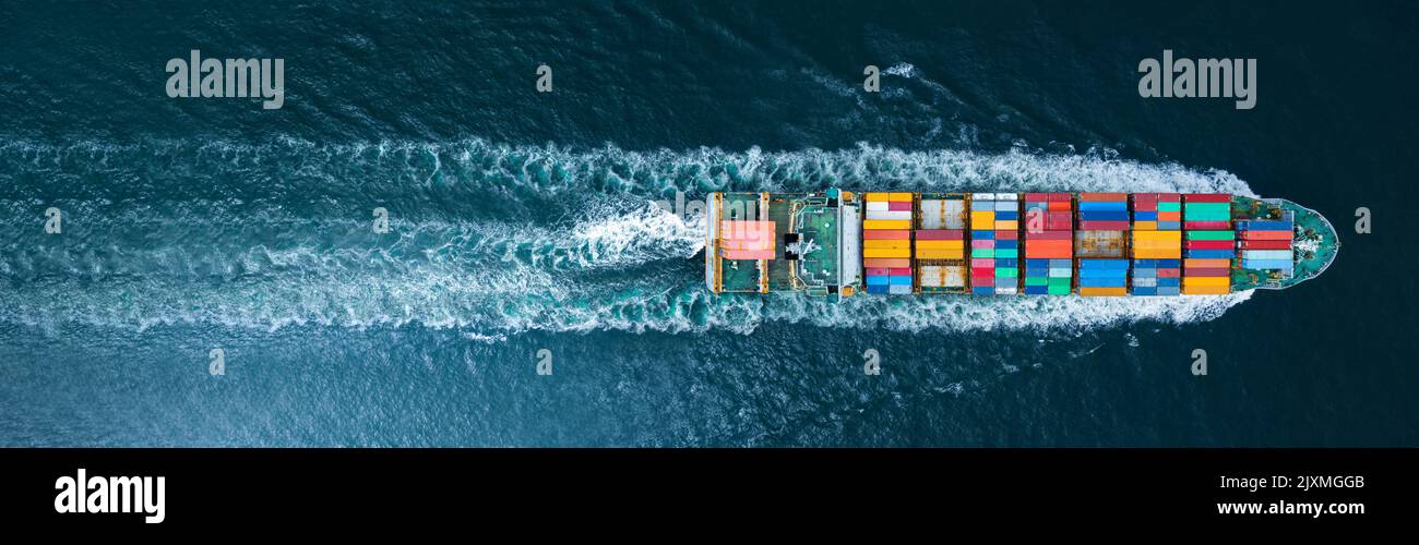 cargo container ship top view carrying container and running for export ...
