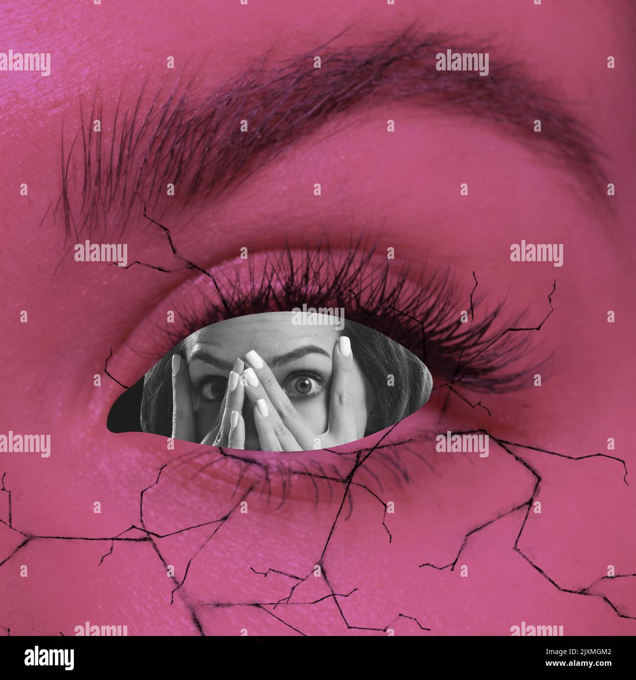 Scared girl looking out of human eye. Contemporary art collage ...