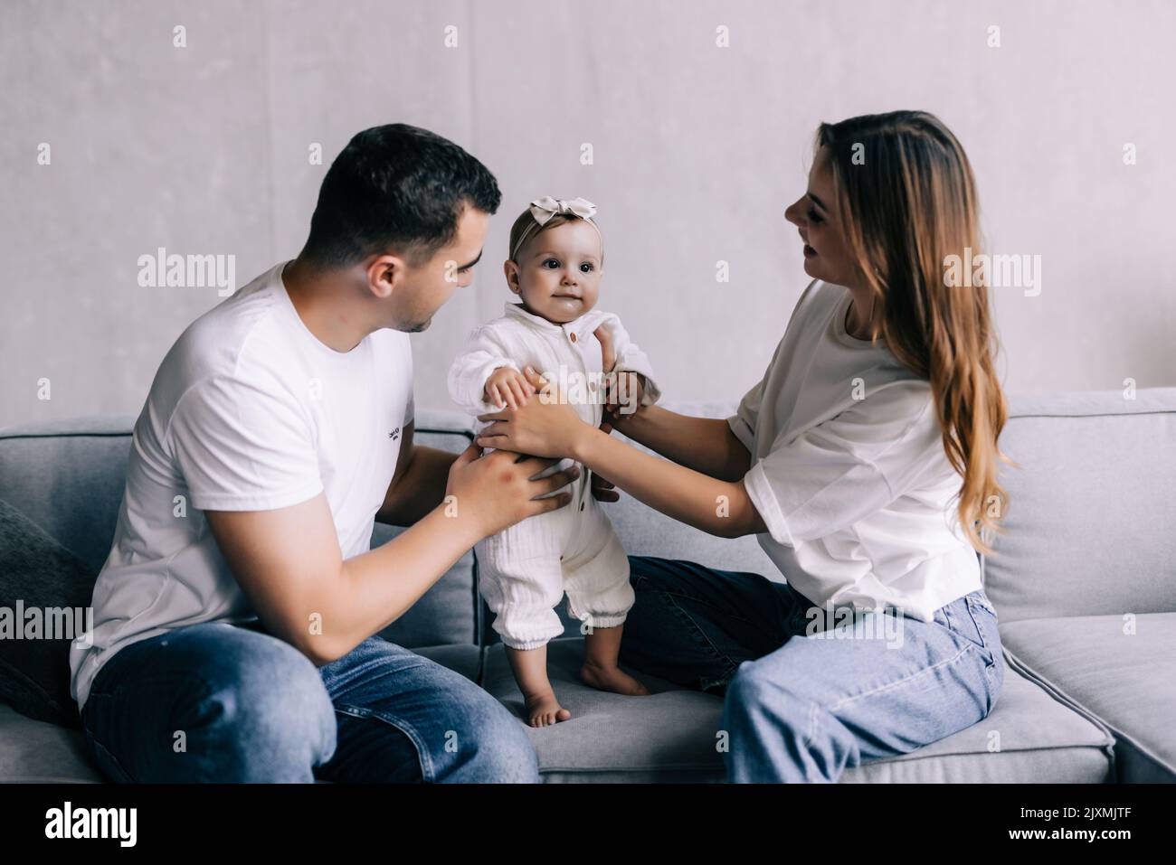 Photo of young cheerful family happy positive smile mommy daddy ...