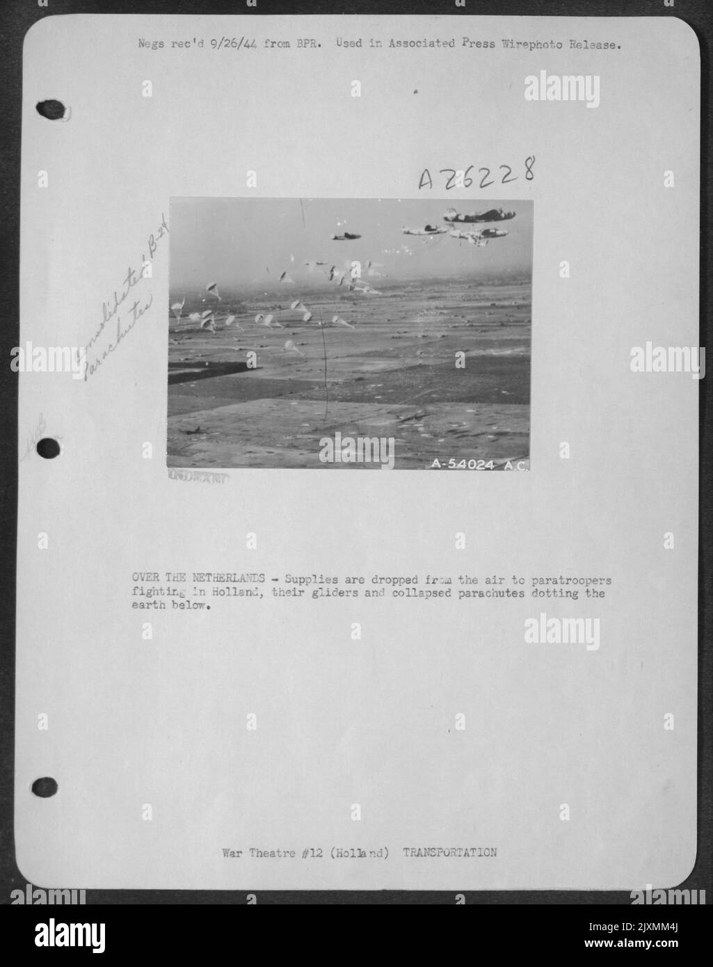 OVER THE NETHERLANDS-Supplies are dropped from the air to paratroopers ...