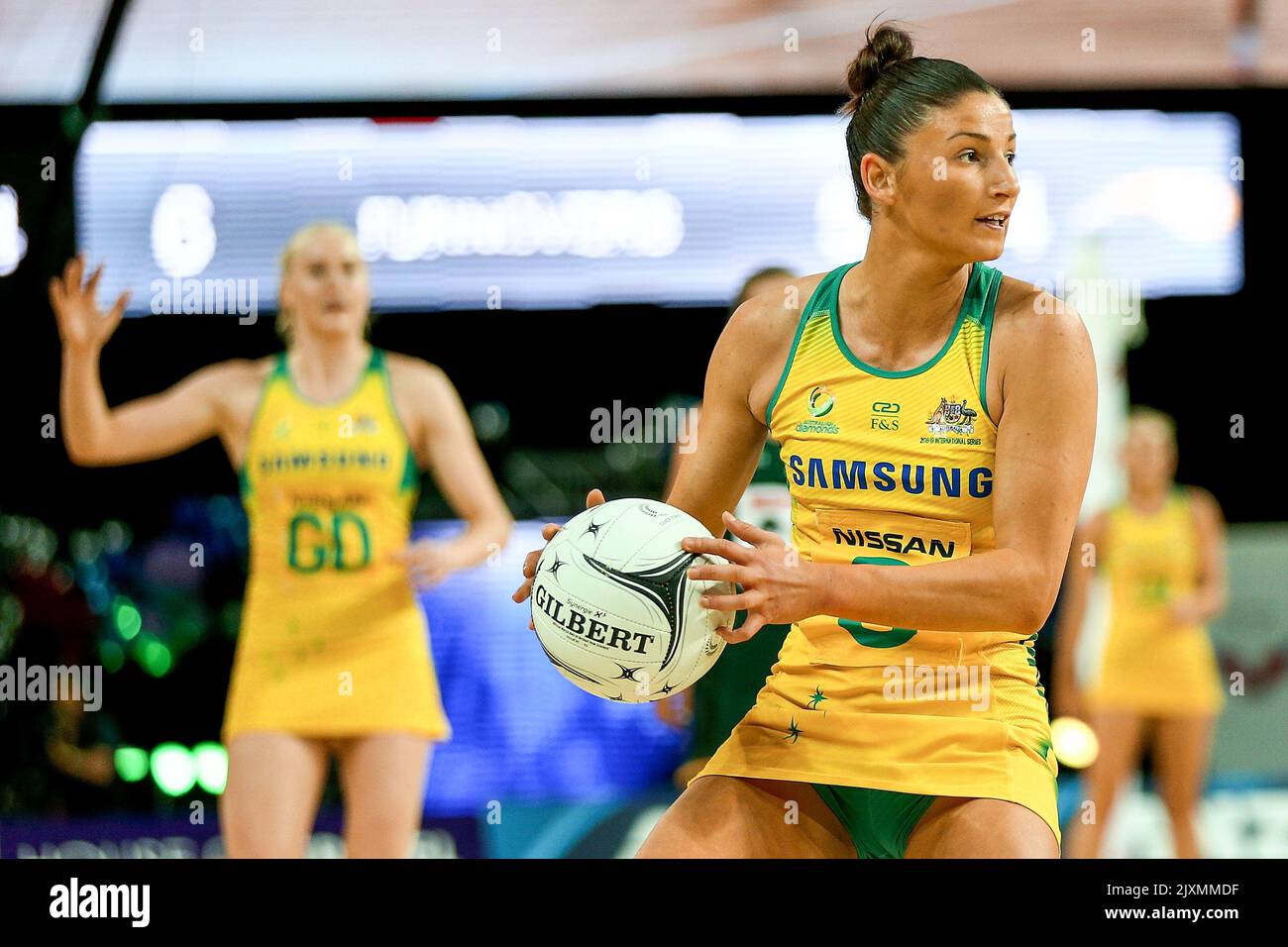 Kim Ravaillion of the Diamonds during the Netball Quad Series match ...