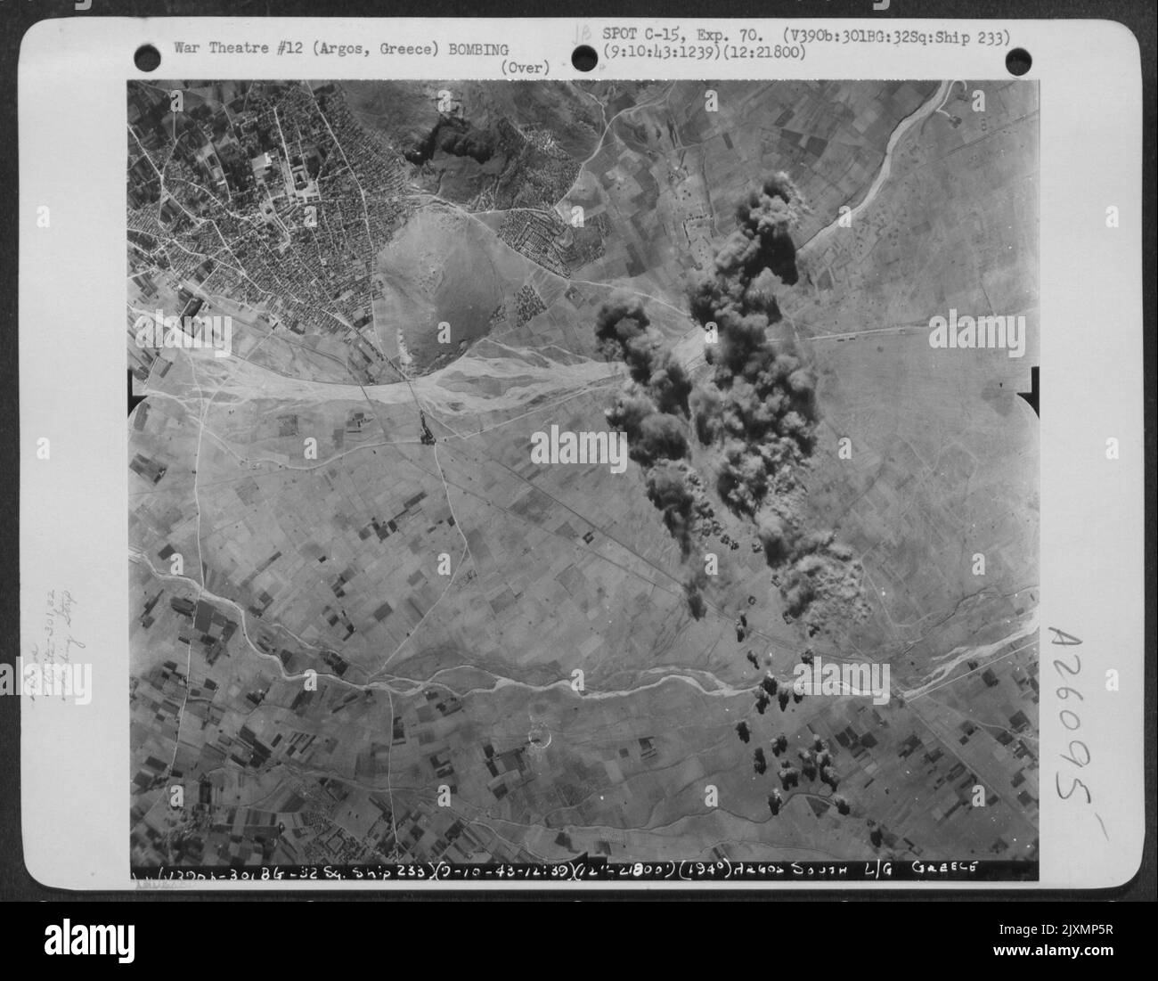 Bomb bursts blanket the Argos South Landing Ground, Greece on 9 October ...