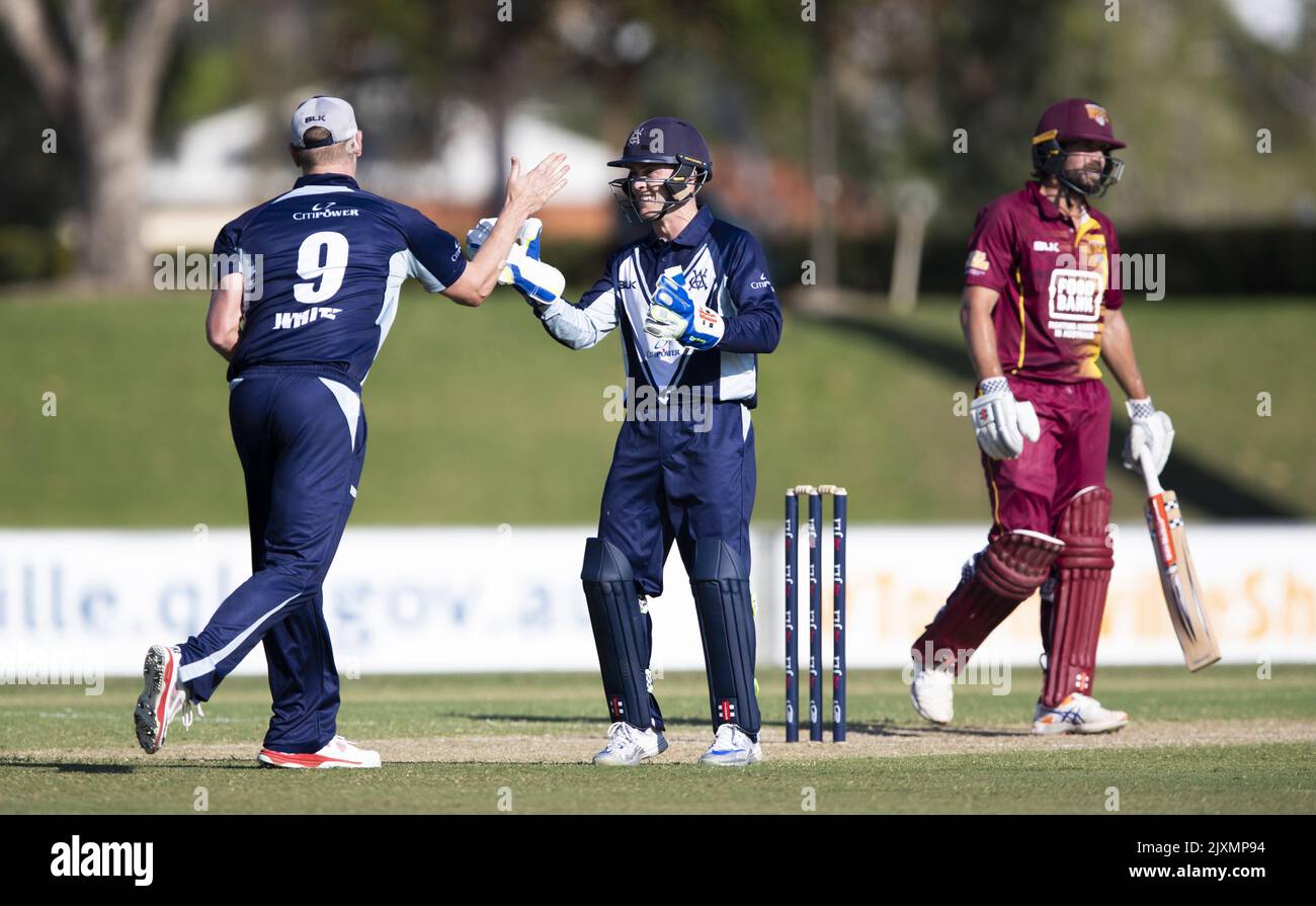 Cameron White and Seb Gotch of Victoria celebrates the dismissal of Joe ...