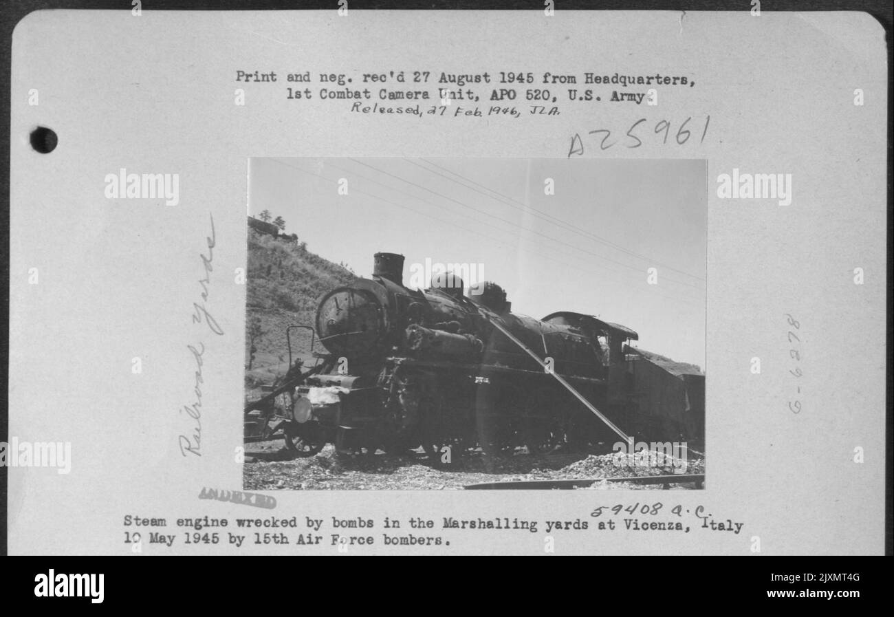 Steam engine wrecked by bombs in the Marshalling yards at Vicenza ...
