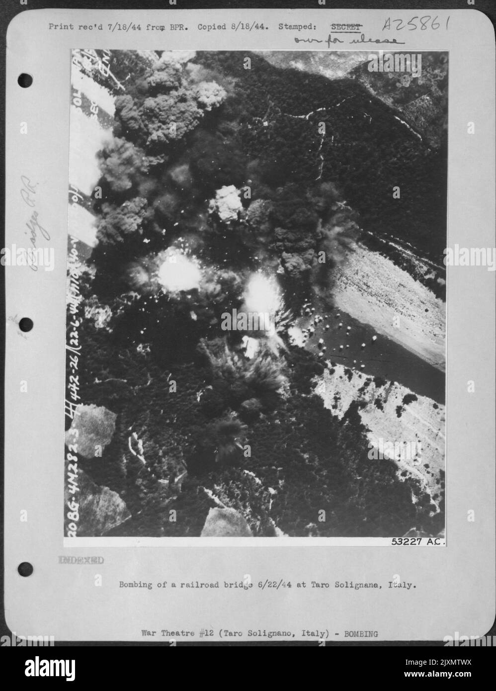 Bombing of a railroad bridge 6/22/44 at Taro Solignano, Italy Stock ...