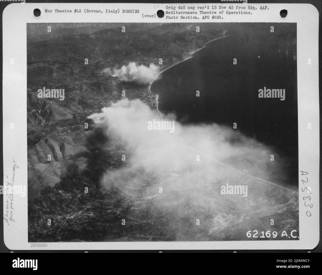 Smoke billows upward from German gun positions near Savona, Italy after ...