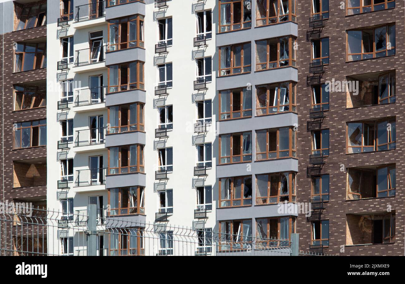 Broken windows of residential civilian building after Russian rocket ...