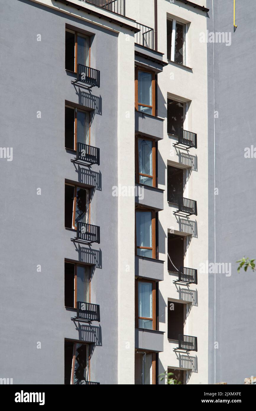 Broken windows of residential civilian building after Russian rocket ...