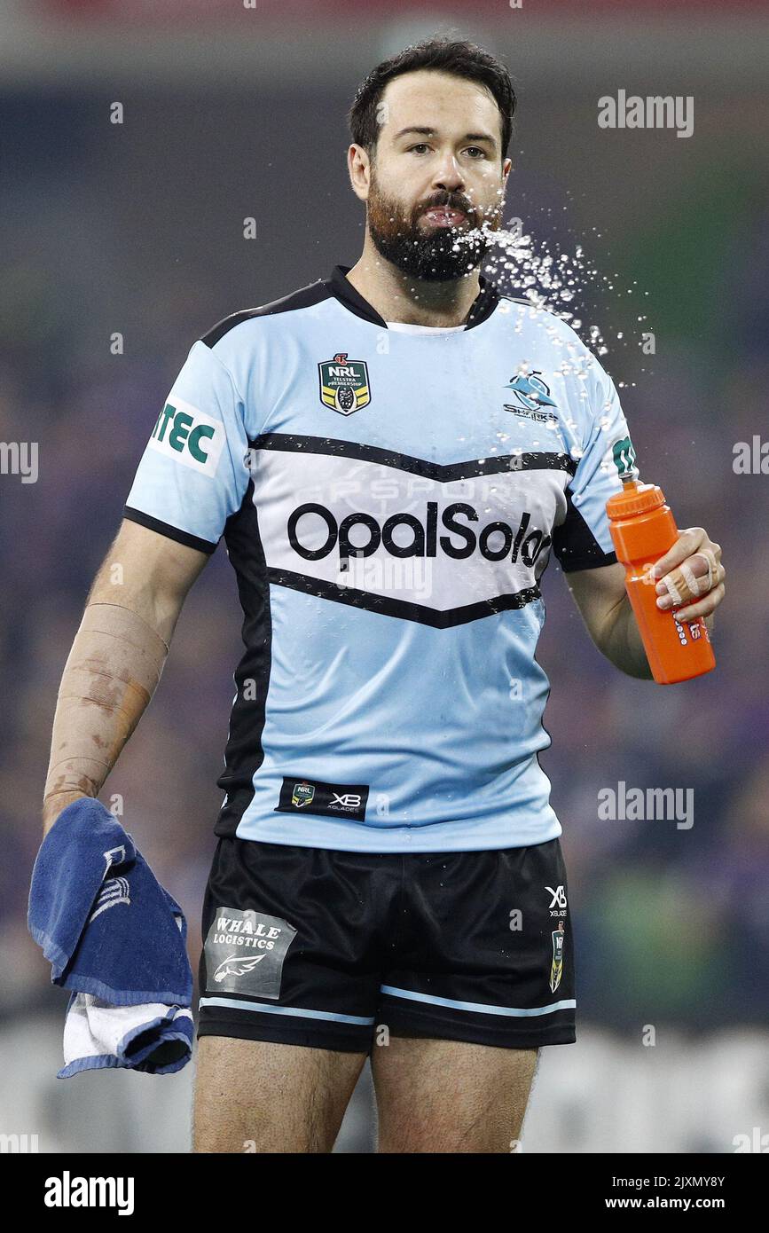 Aaron Woods of the Sharks takes a drink ahead of the NRL Preliminary ...