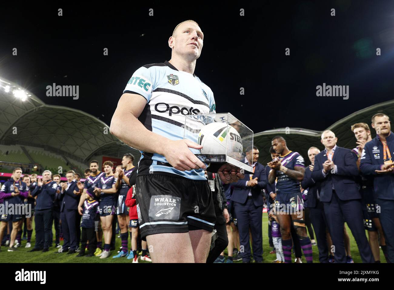 Luke Lewis of the Sharks walks off the ground in a guard of honour ...