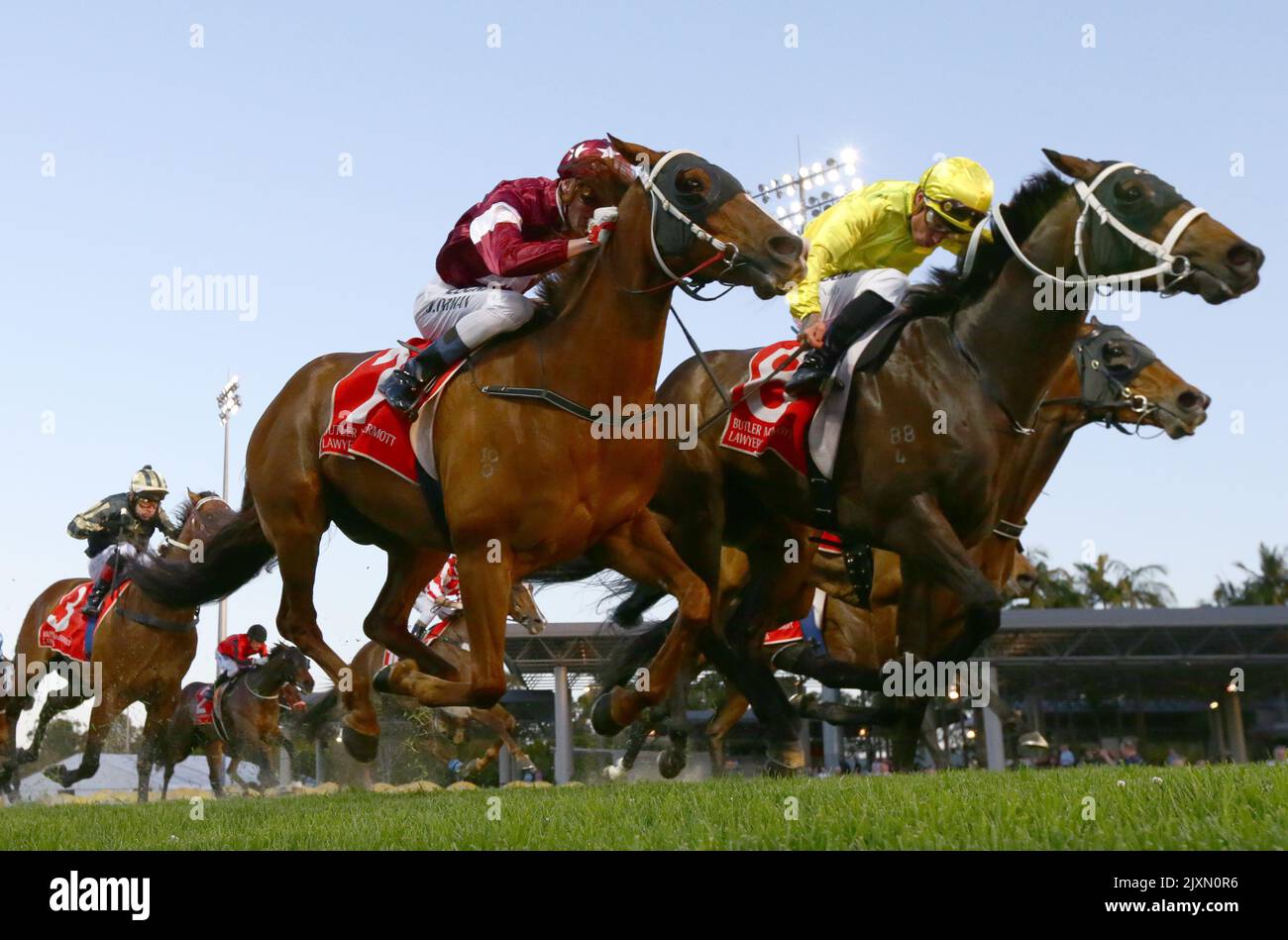Jockey Michael McNab (right), riding #8 Impasse wins Race 8, the ...