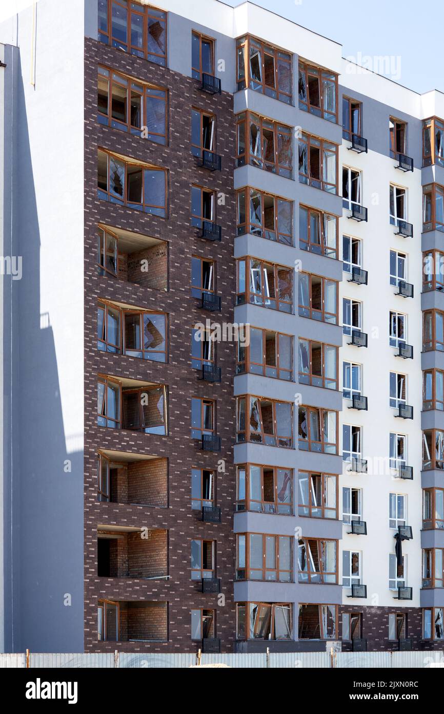 Broken windows of residential civilian building after Russian rocket ...