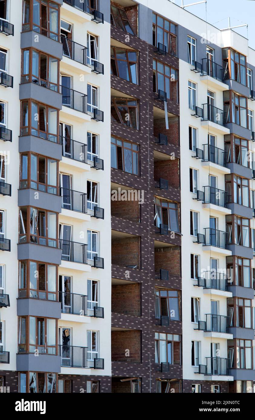 Broken windows of residential civilian building after Russian rocket ...