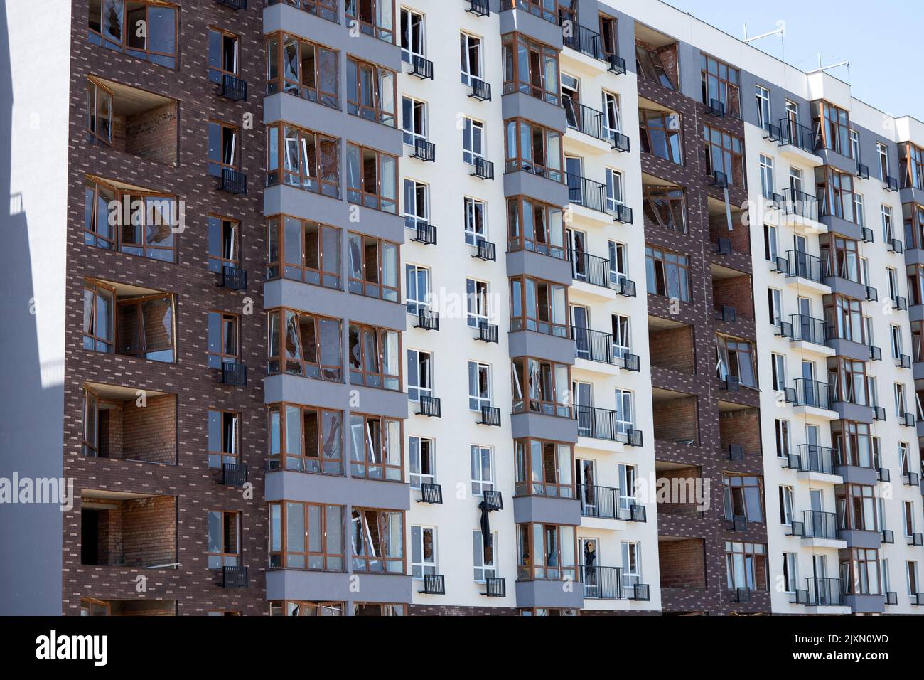Broken windows of residential civilian building after Russian rocket ...