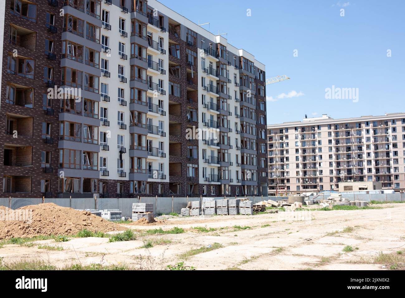 Broken windows of residential civilian building after Russian rocket ...