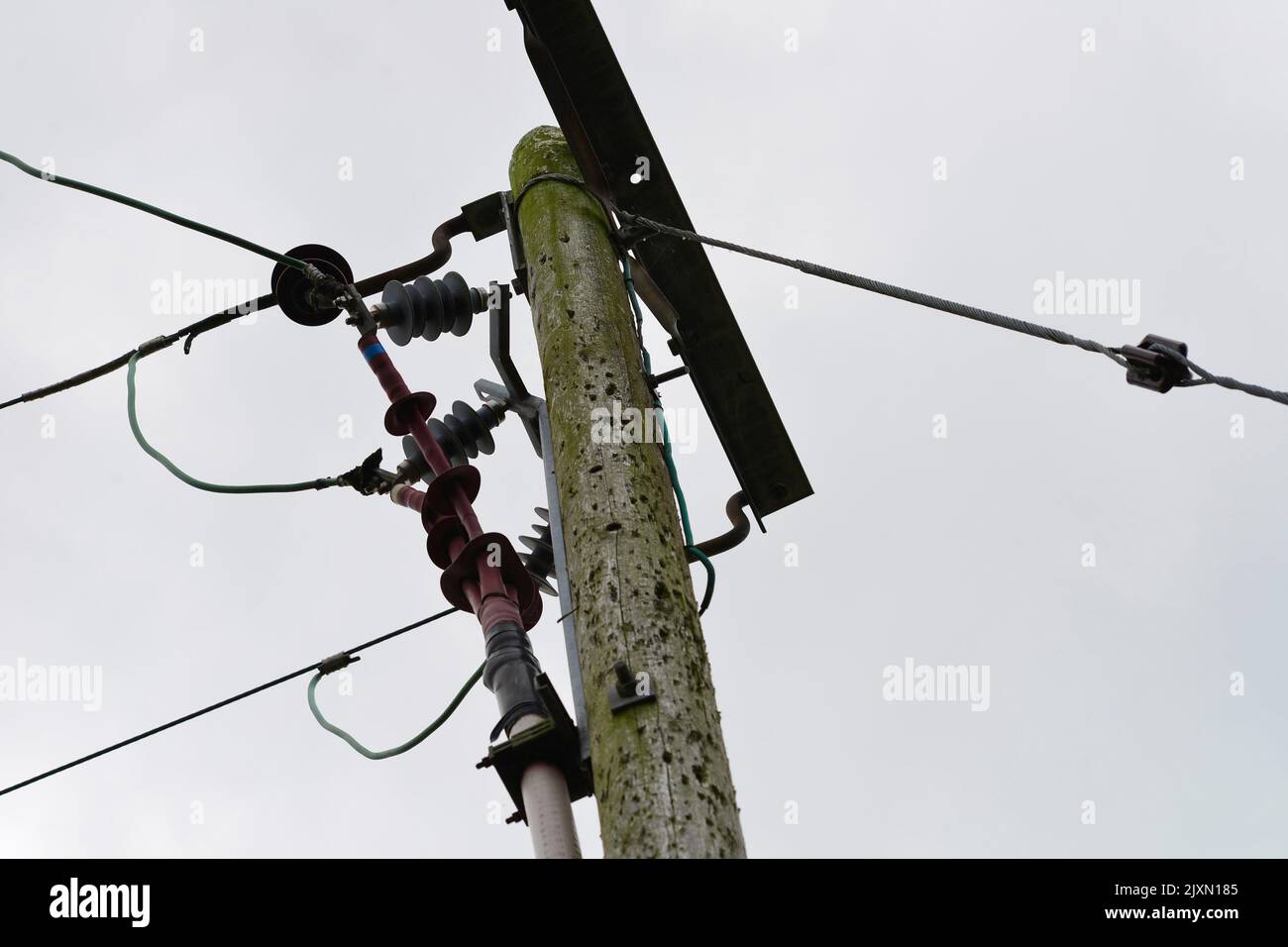 Low angle view of ole carrying high voltage local distribution power ...