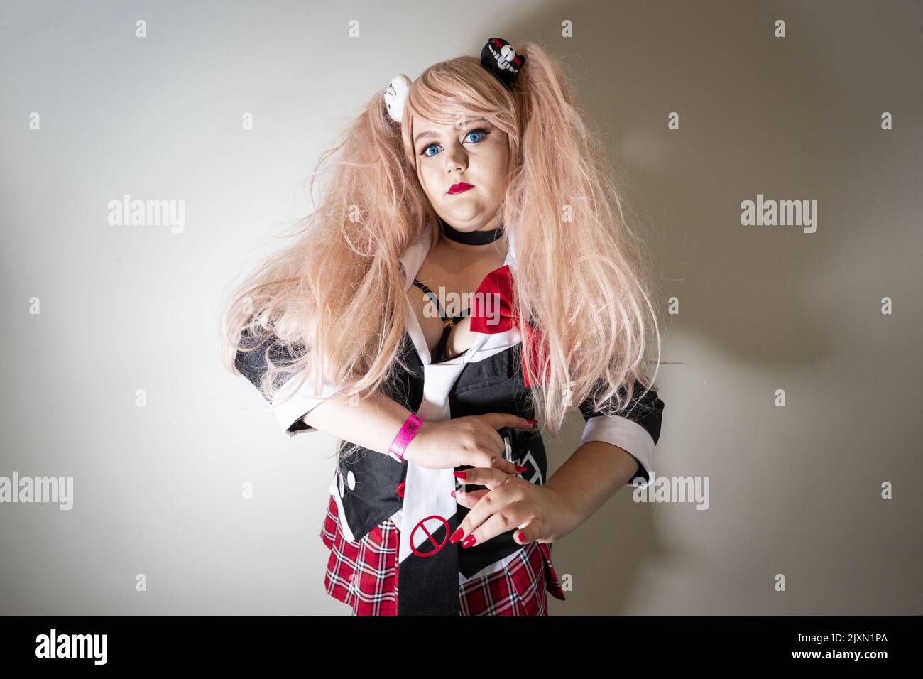 Jason Klinger dressed as Junko Enoshima is seen posing for a portrait ...