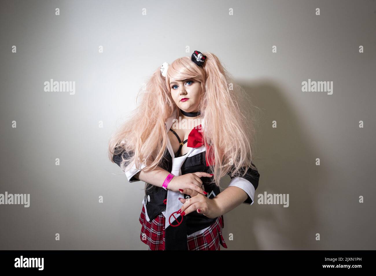 Jason Klinger dressed as Junko Enoshima is seen posing for a portrait ...