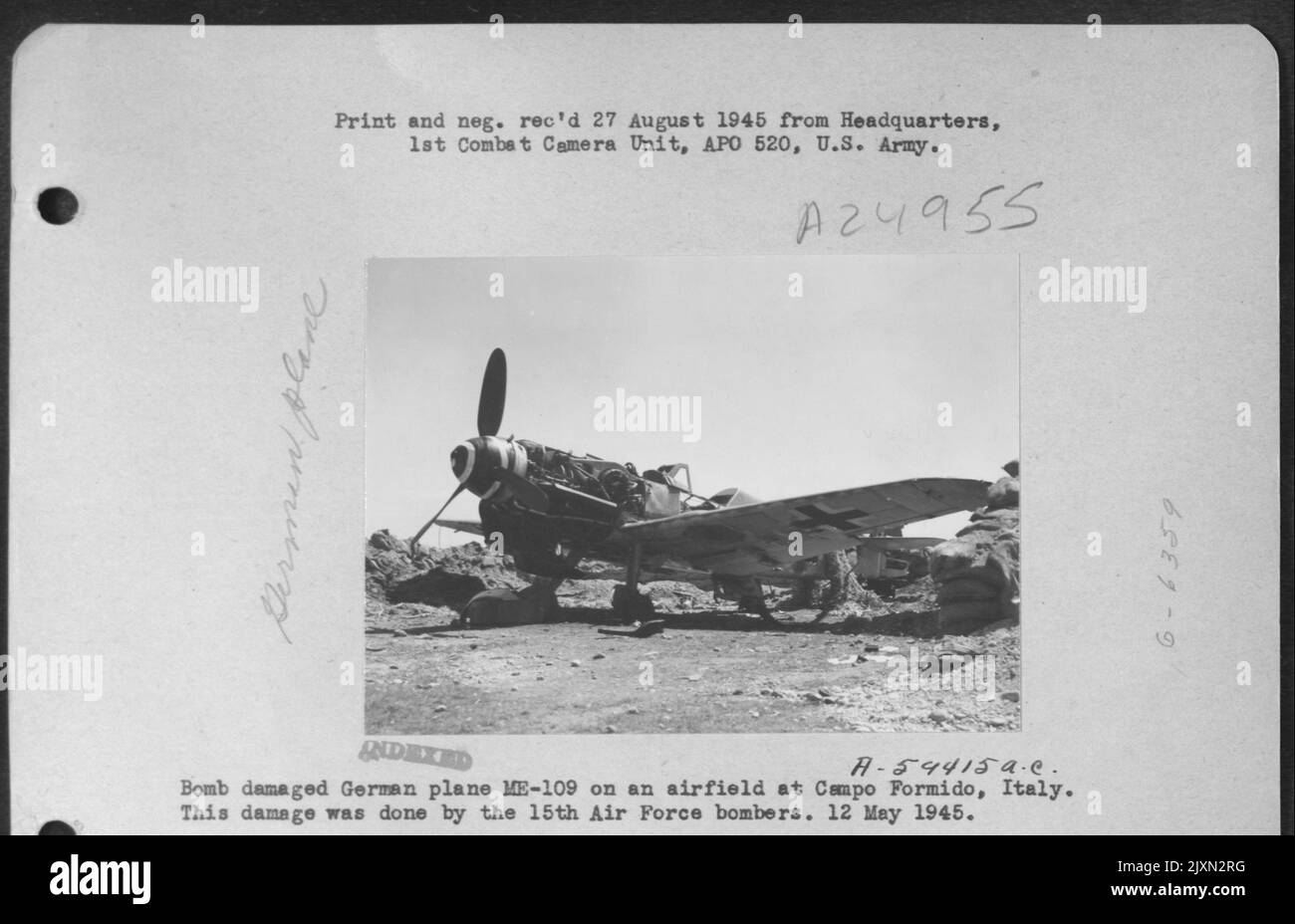 Bomb Damaged German Plane Me-109 On An Airfield At Campo Formido, Italy ...