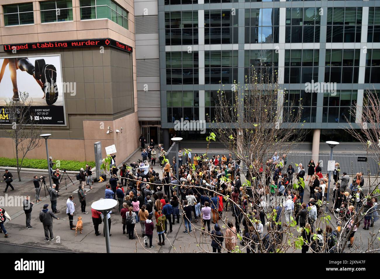 ABC staff exit their offices ahead of a meeting in Ultimo, Sydney ...