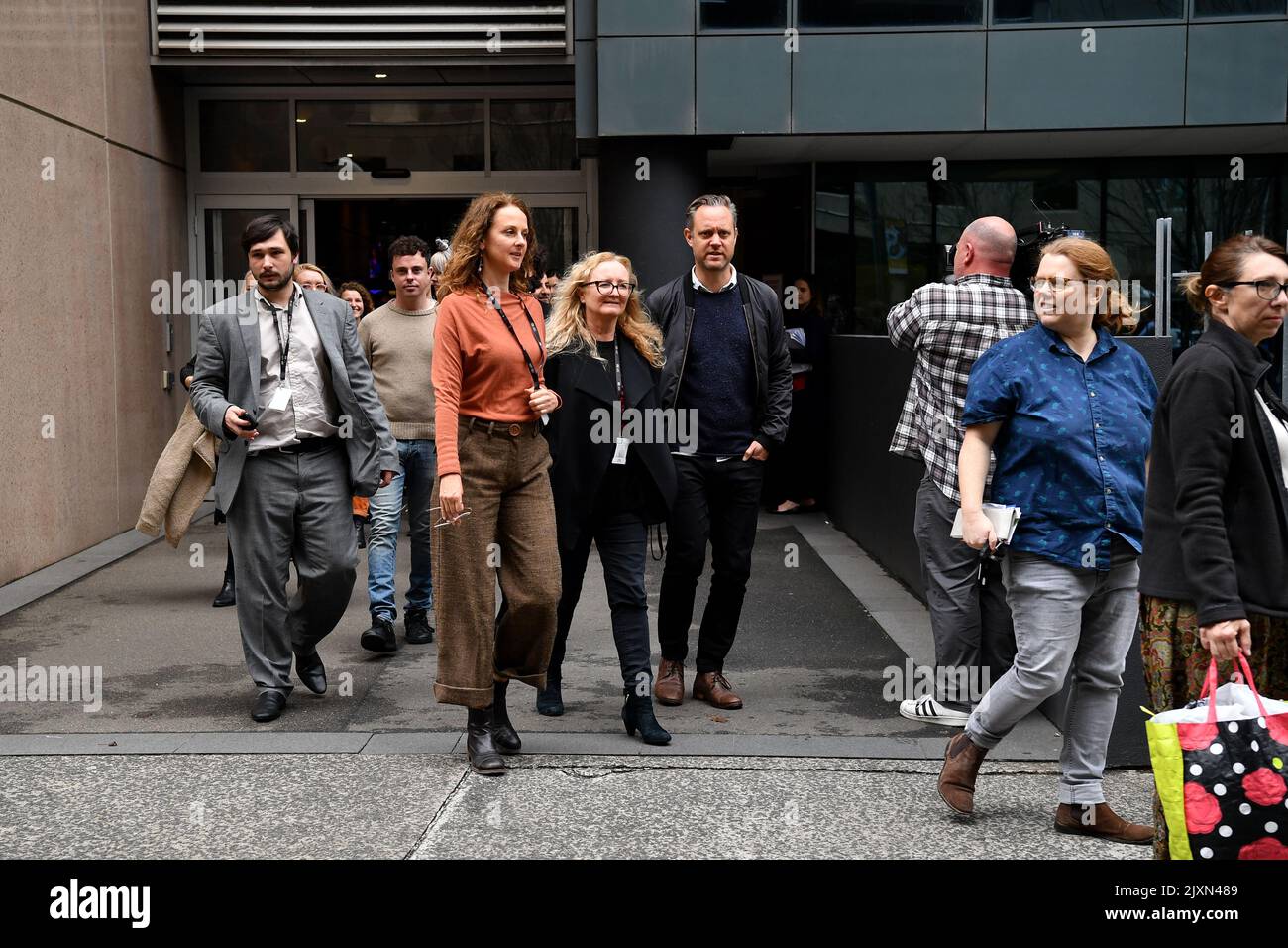 ABC staff exit their offices ahead of a meeting in Ultimo, Sydney ...
