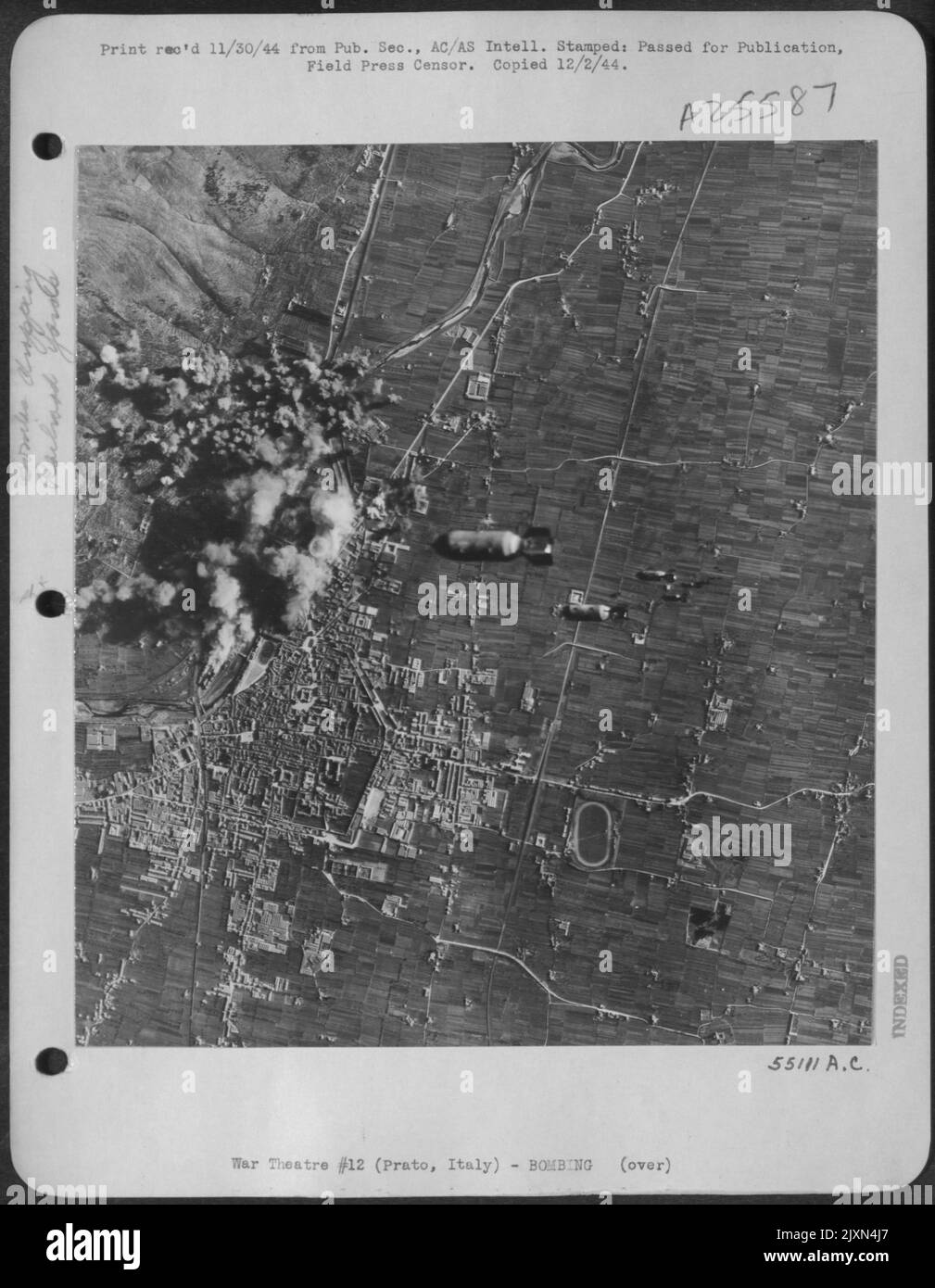 Bombs from Flying Fortresses of the 15th Air Force fall on the ...