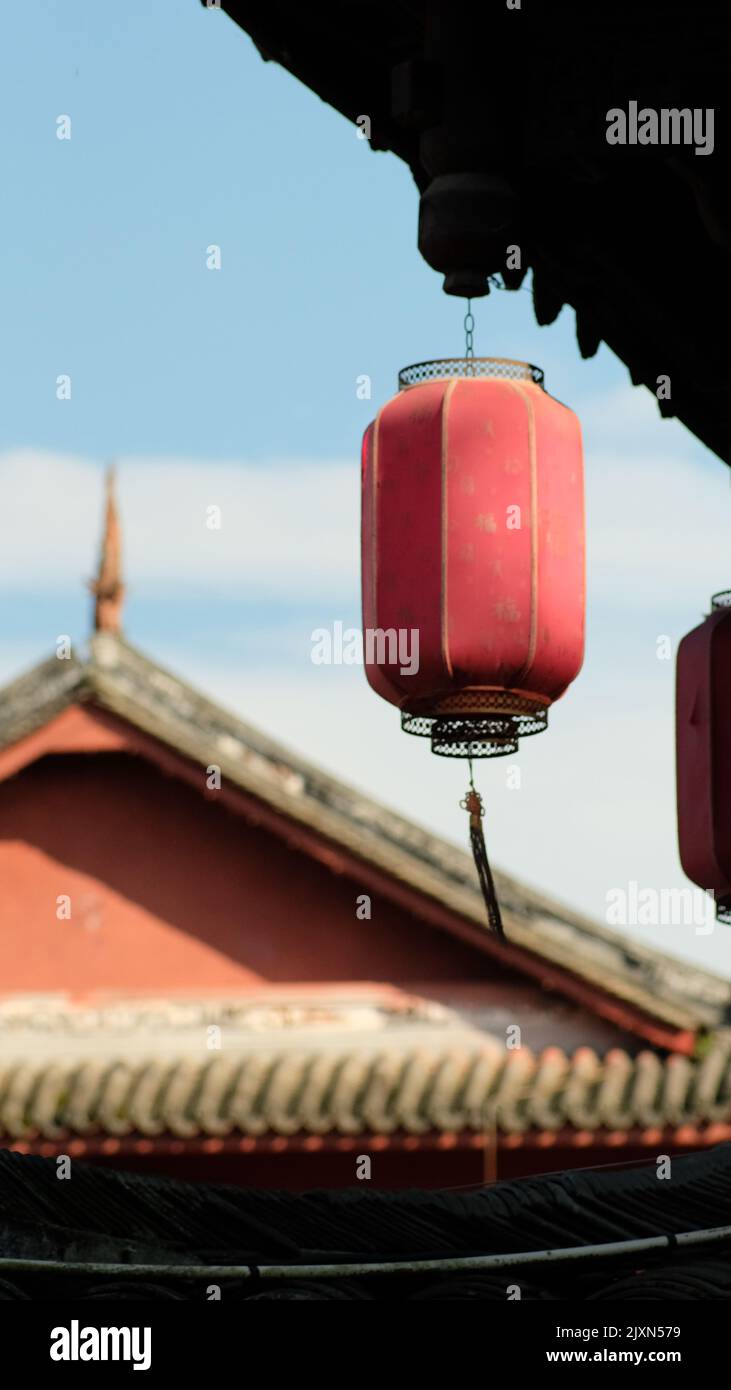 A vertical shot of a lantern in Huanglongxi Ancient Town, Shuangliu ...