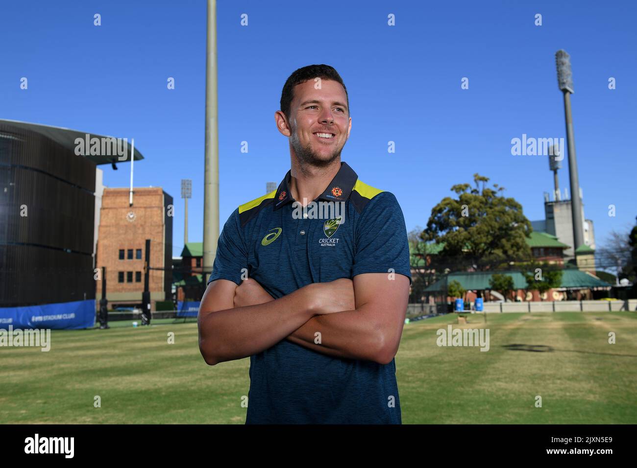 Australian Test cricketer Josh Hazelwood poses for a photograph at the ...