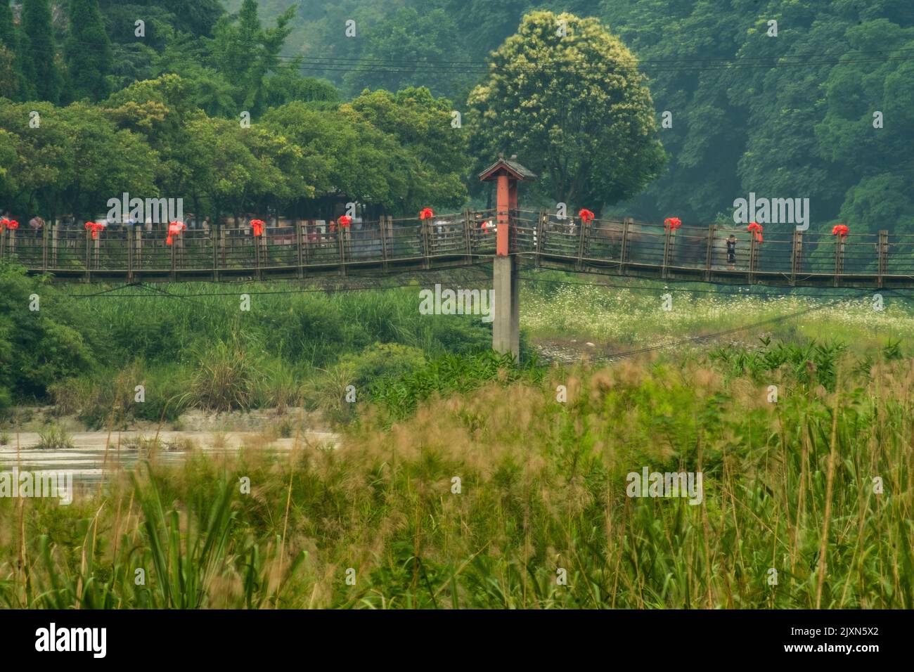 An old wooden bride in a forest in Dujiangyan Scenic Spot in Chengdu ...