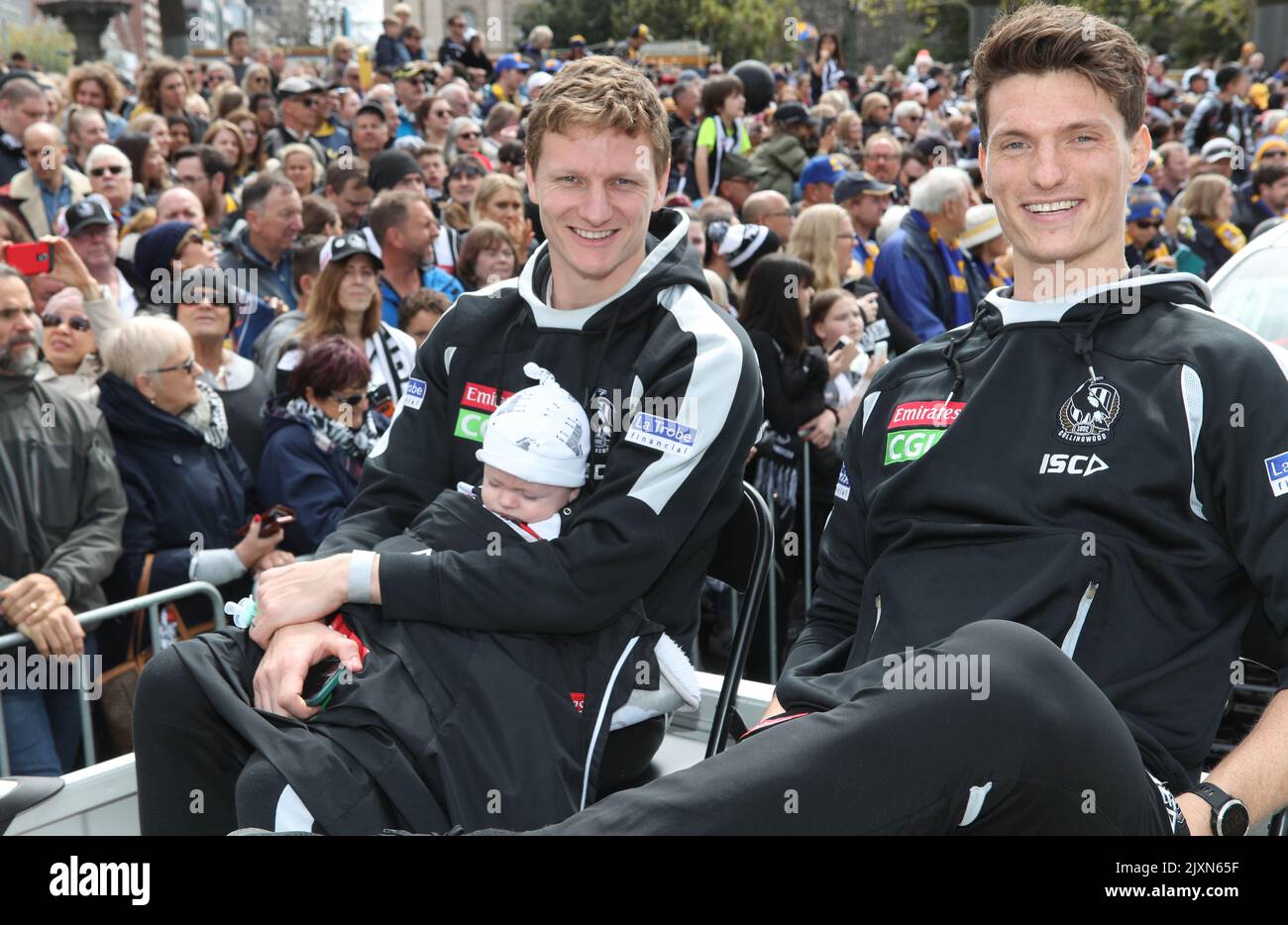 Collingwood players Will Hoskin-Elliott and Brody Mihocek are seen ...