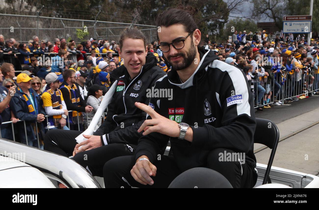 Collingwood players (left) Tom Langdon and Brodie Grundy are seen ...