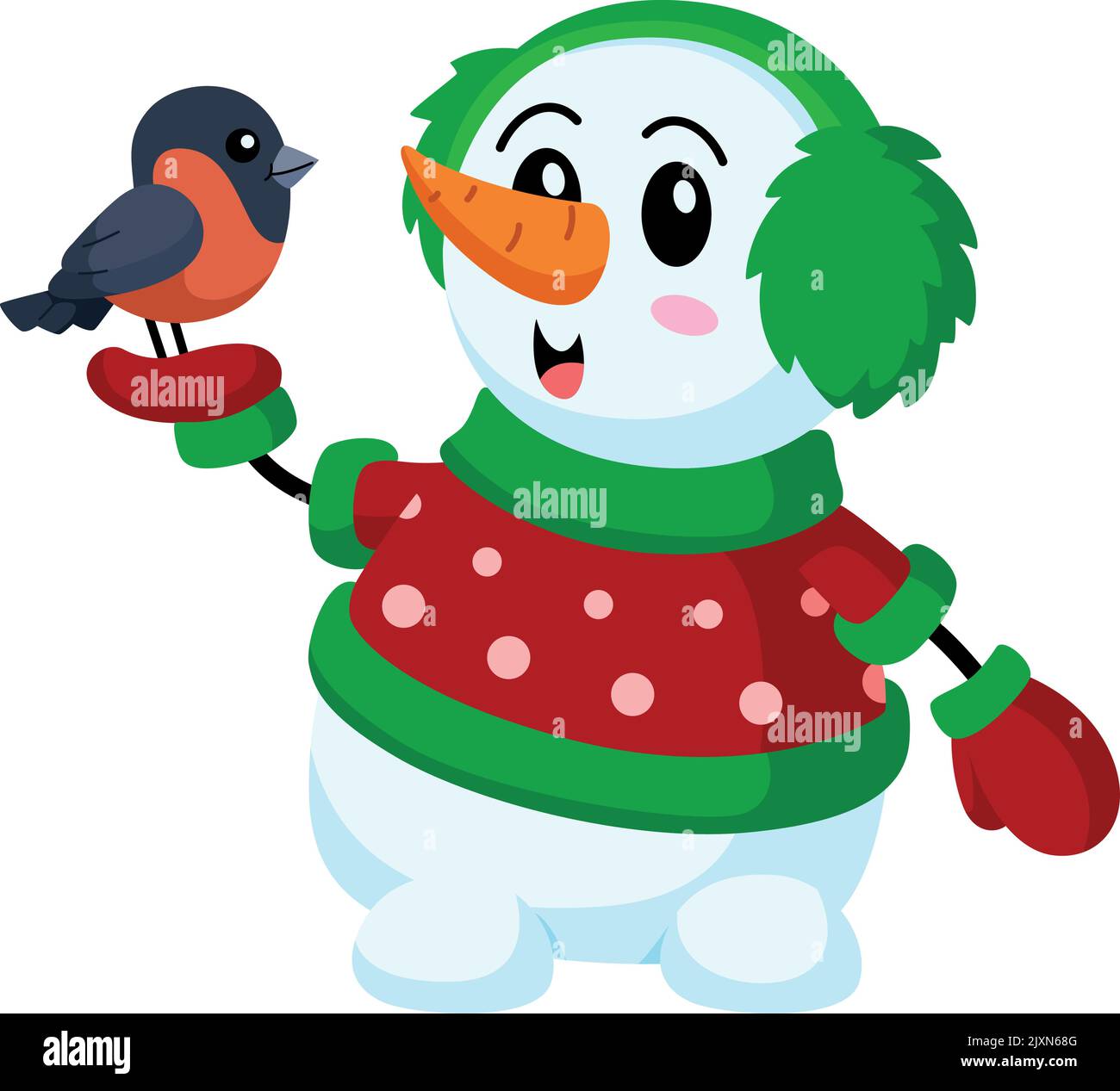 Snowman holding bullfinch. Cold season outdoor. Cartoon character Stock ...